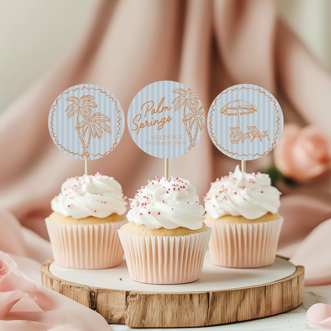 Blue Palm Springs Cupcake Toppers Printable, Vintage Palm Tree Beach ...