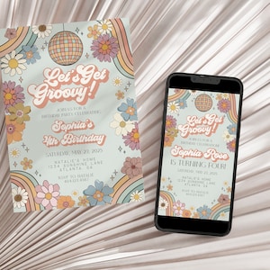 Lets Get Groovy Floral Birthday Invitation Template Set, Groovy Babe ...