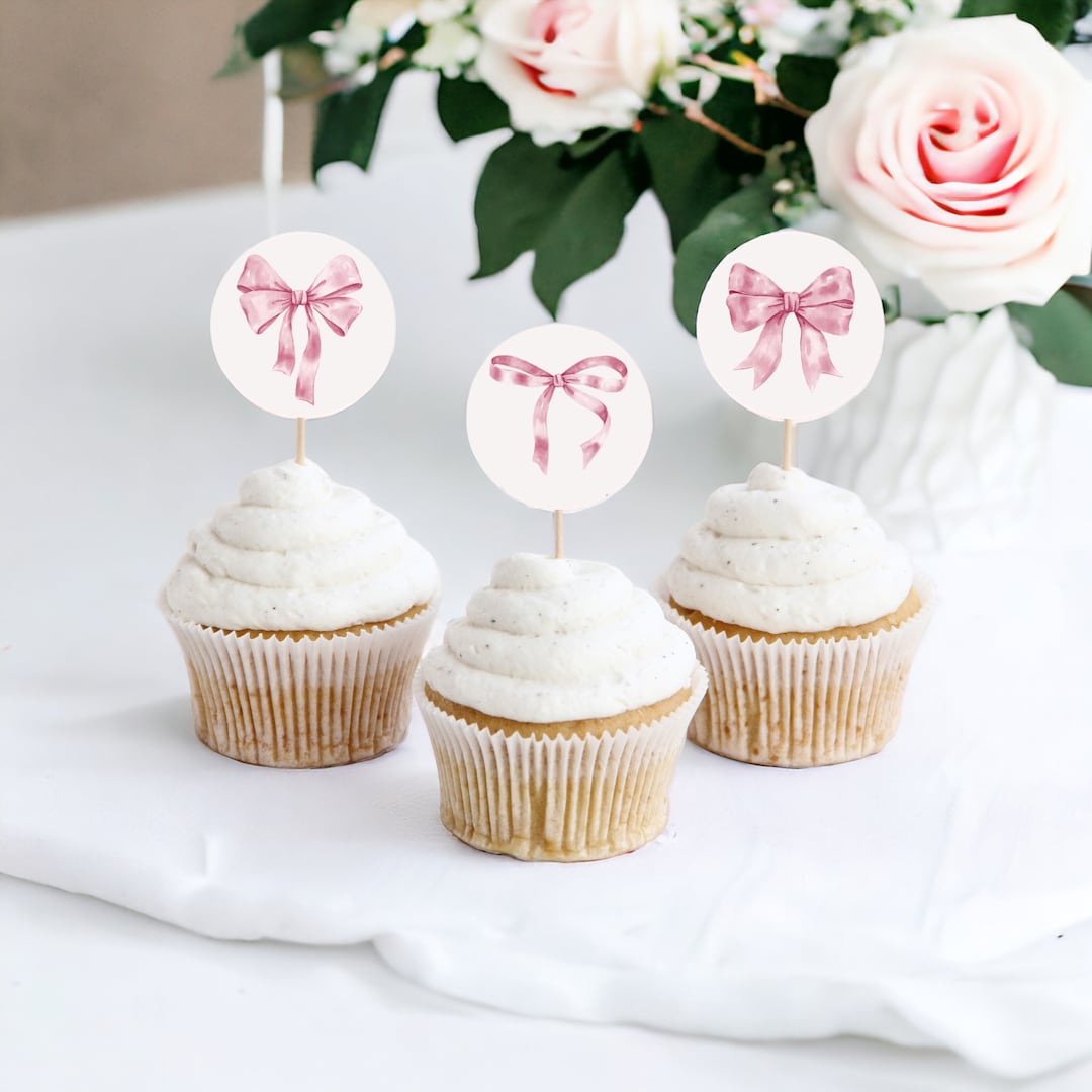 Pink Bow Cupcake Toppers Printable for Baby Birthday and Bridal Shower ...