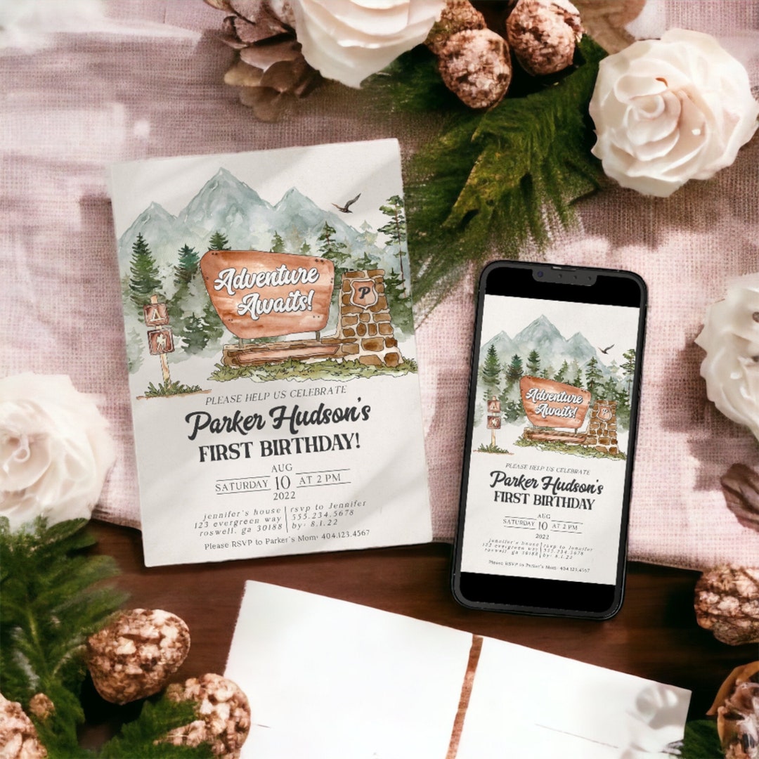 National Park Forest Woodland Theme First Birthday Party Invitation ...