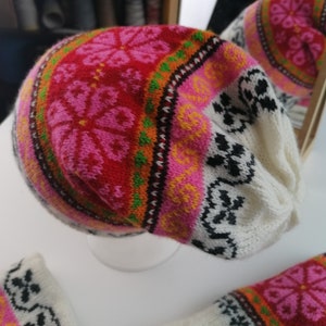 Knit Set Cap, Mittens and Cowl of Adorable Muhu Pattern Model, Adorable Multicolour Style of ...