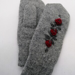 Rose Embroidered Wool Mittens: Elegant Winter Gloves - Etsy