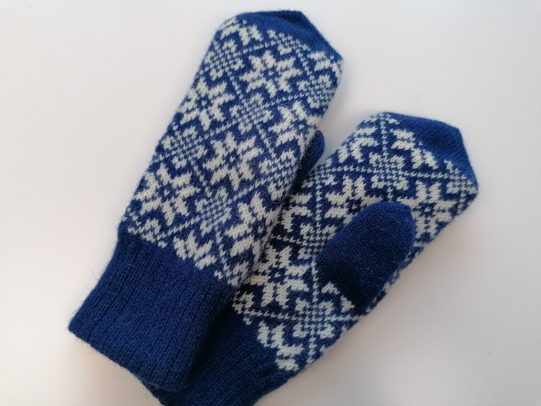 Nordic Star Pattern Wool Mittens, Wool Lining, Very Warm, Blue and ...