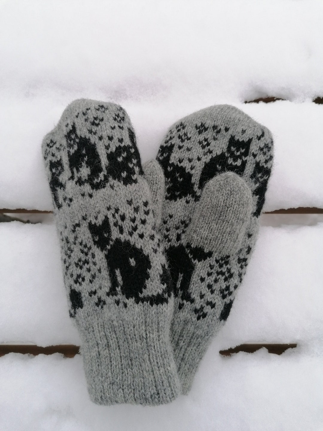Cozy Cat Patterned Wool Mittens in Grey Variation - Etsy