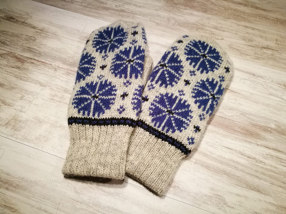 Knitted Wool Mittens: Light Grey With Blue Cornflower Pattern - Etsy