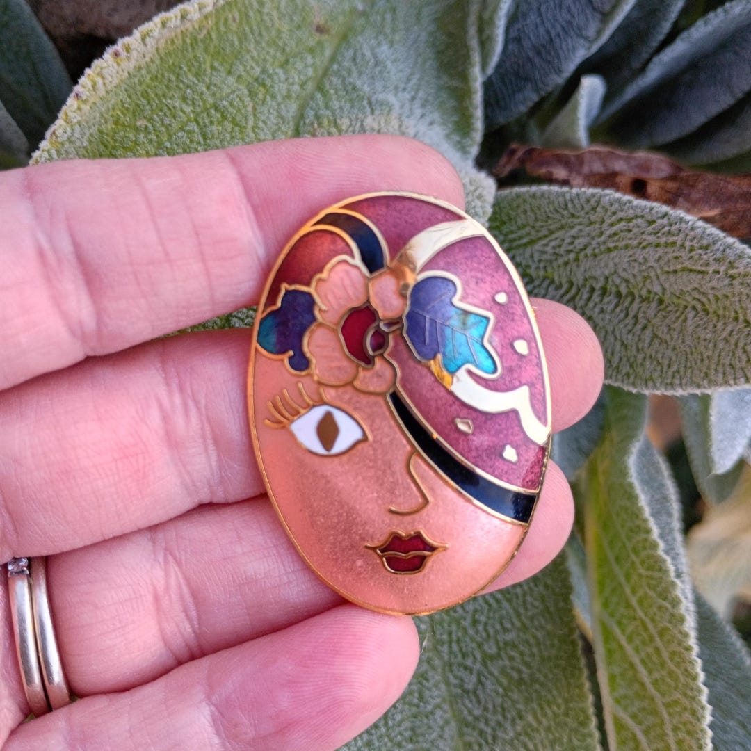 Vtg Gold Toned Oval Lady Face Cloisonne Enamel Brooch - Etsy