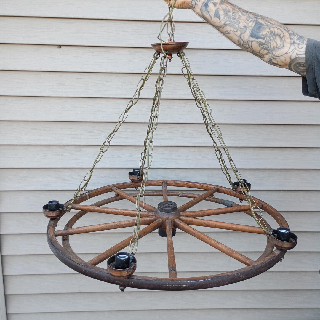 Vtg Wooden Wagon Wheel 30" Ceiling Mounted Hanging Light Fixture - Etsy