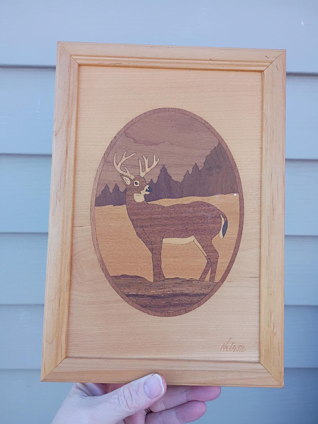 Hudson River Inlay Marquetry Art Deer in Forest Signed Nelson 10" X 7 ...