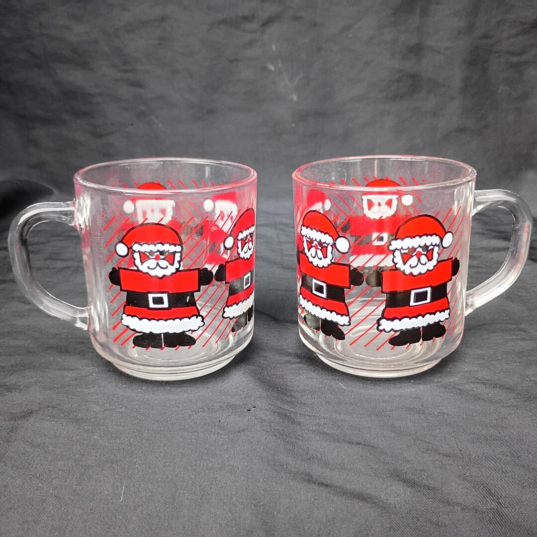Pair of Vtg Luminarc Clear Glass Santa Mug Christmas Holiday Coffee Tea ...