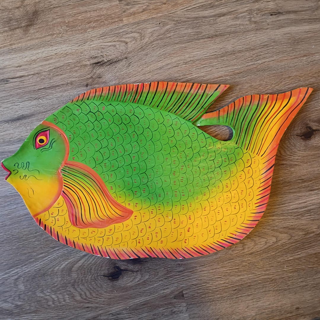 Vintage 21" Hand Carved and Hand Painted Colorful Wooden Fish Dish Folk ...