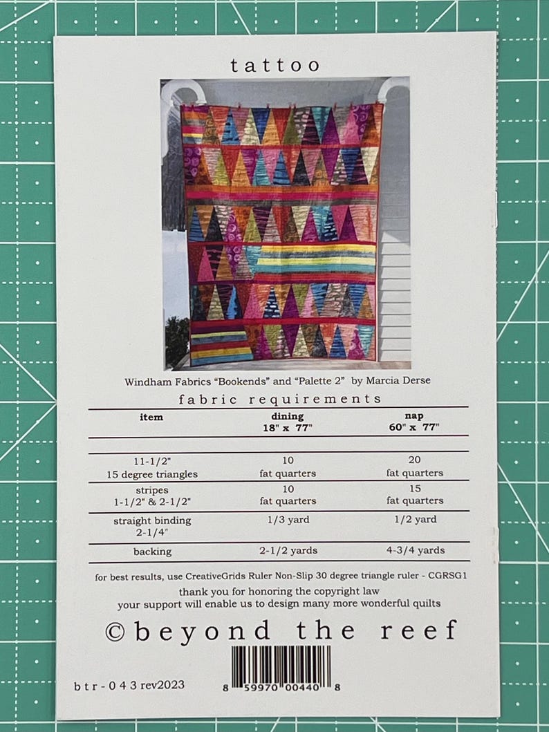 Tattoo Quilt Pattern by Beyond the Reef Fat Quarter Friendly - Etsy