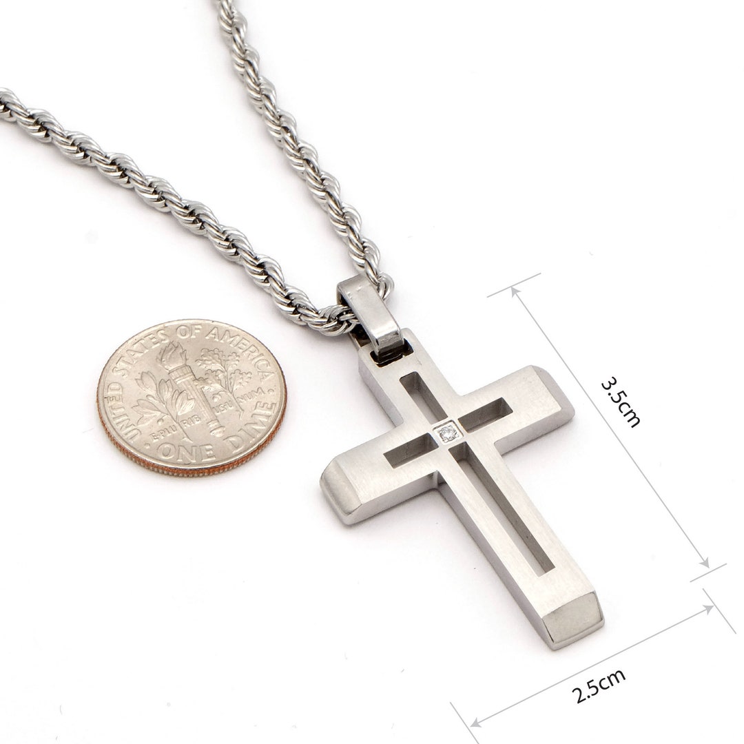 Titanium Steel Cross Necklace: Silver Beveled Crucifix, Stainless Rope ...
