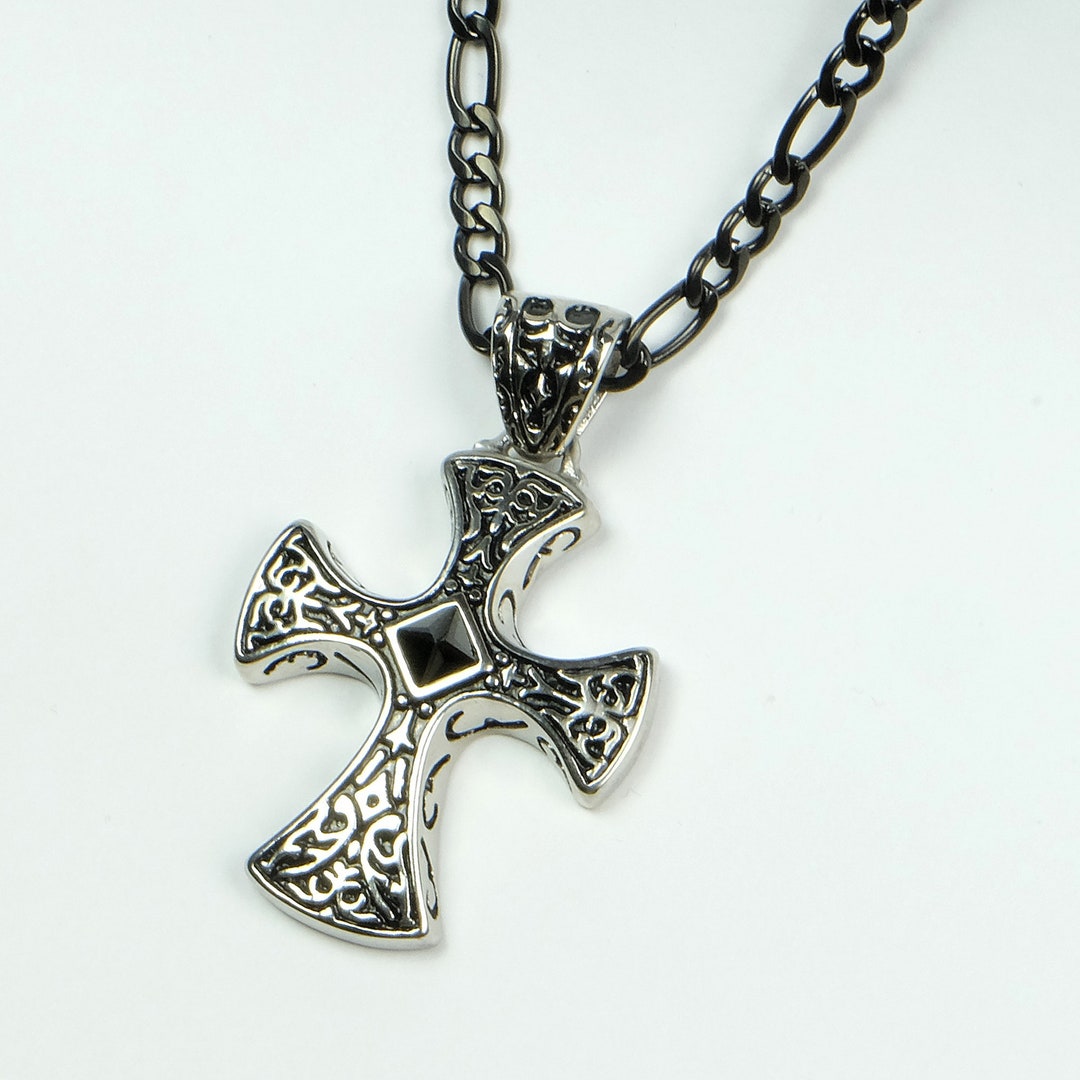 Titanium Steel Classic Cross & 5mm Black Plated Stainless Steel Figaro ...