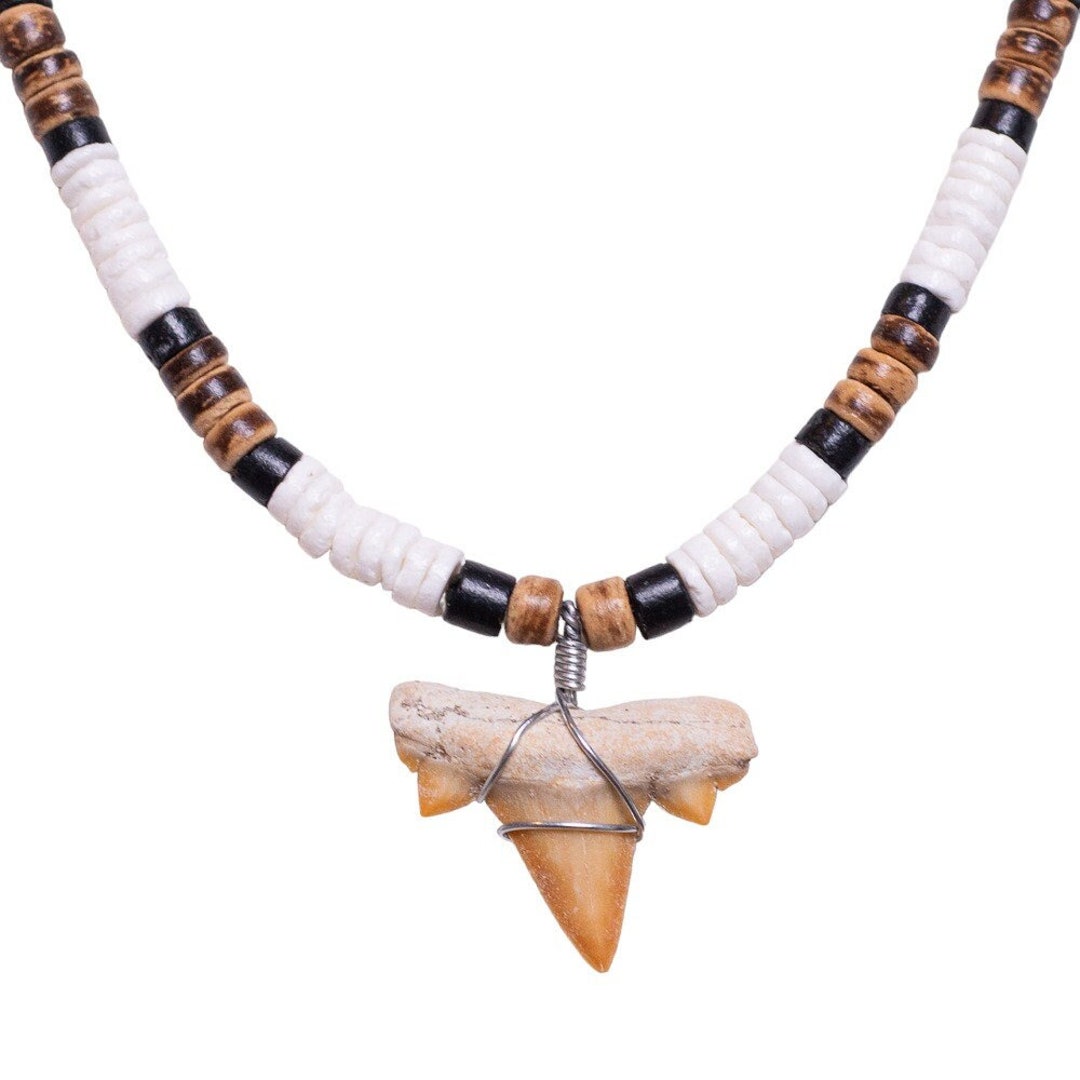 Bluerica Fossil Shark Tooth on Puka & Coconut Shell Beads Necklace (18 ...