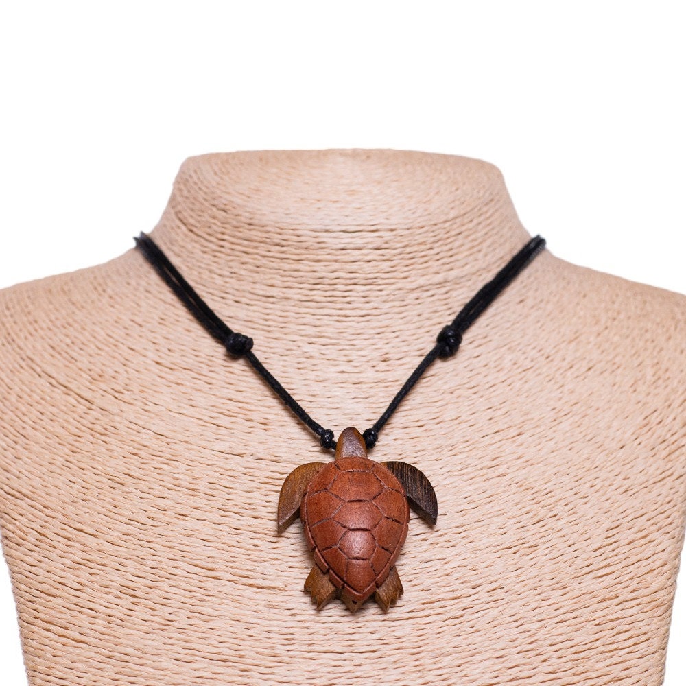 Bluerica Hand Carved Wood Sea Turtle on Adjustable Black Cord Necklace ...