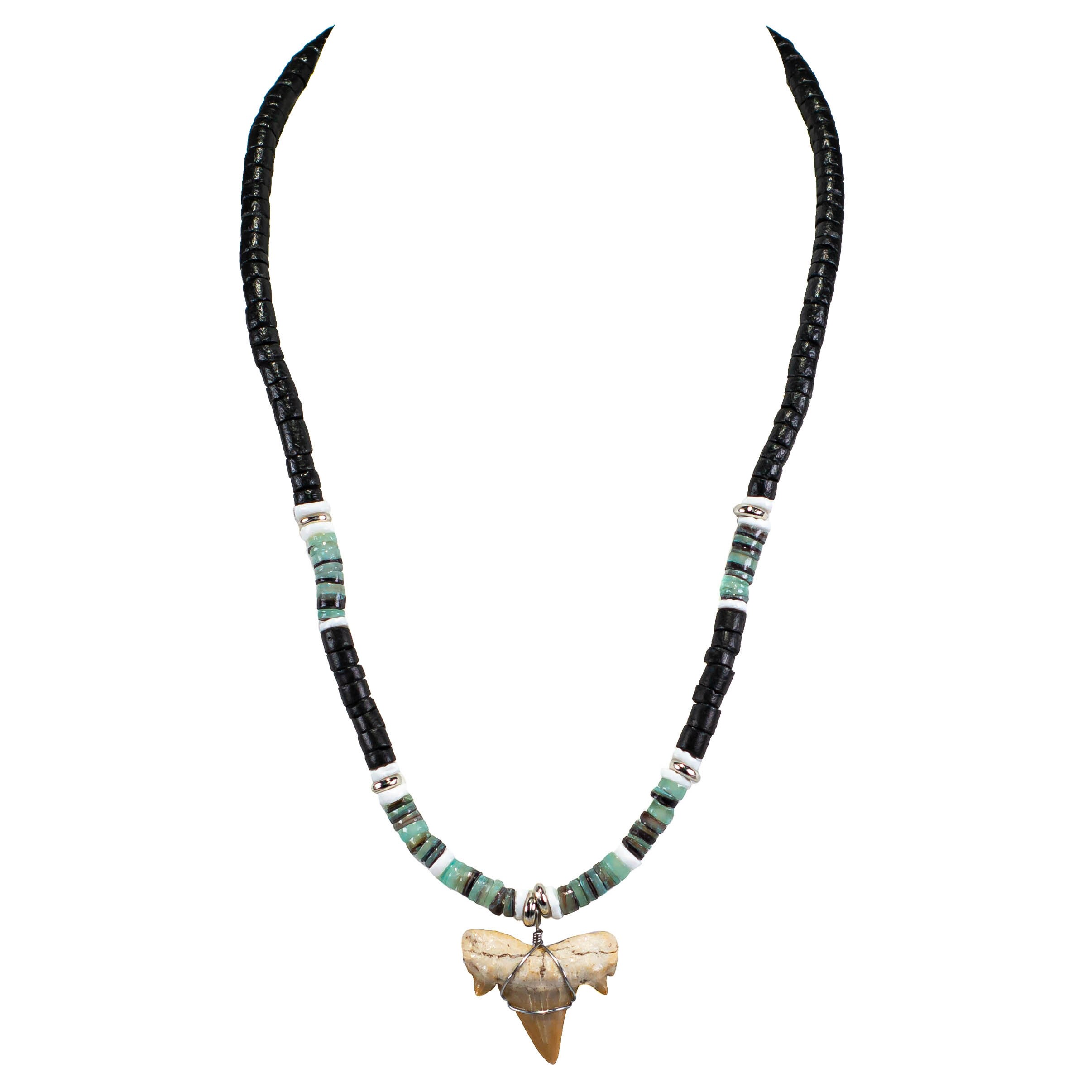 Bluerica Fossil Shark Tooth on Coconut & Green Shell Beads Necklace - Etsy