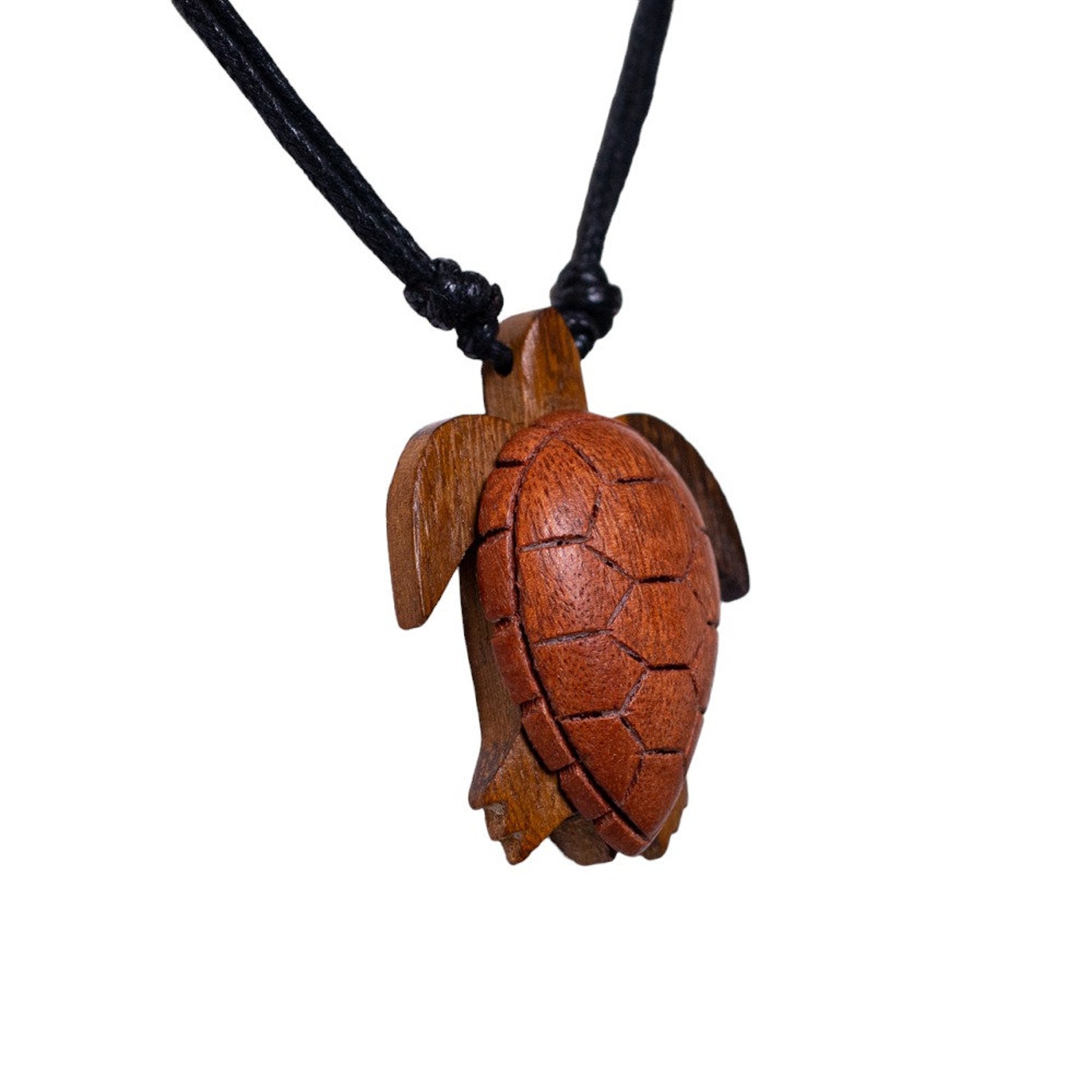 Bluerica Hand Carved Wood Sea Turtle on Adjustable Black Cord Necklace ...