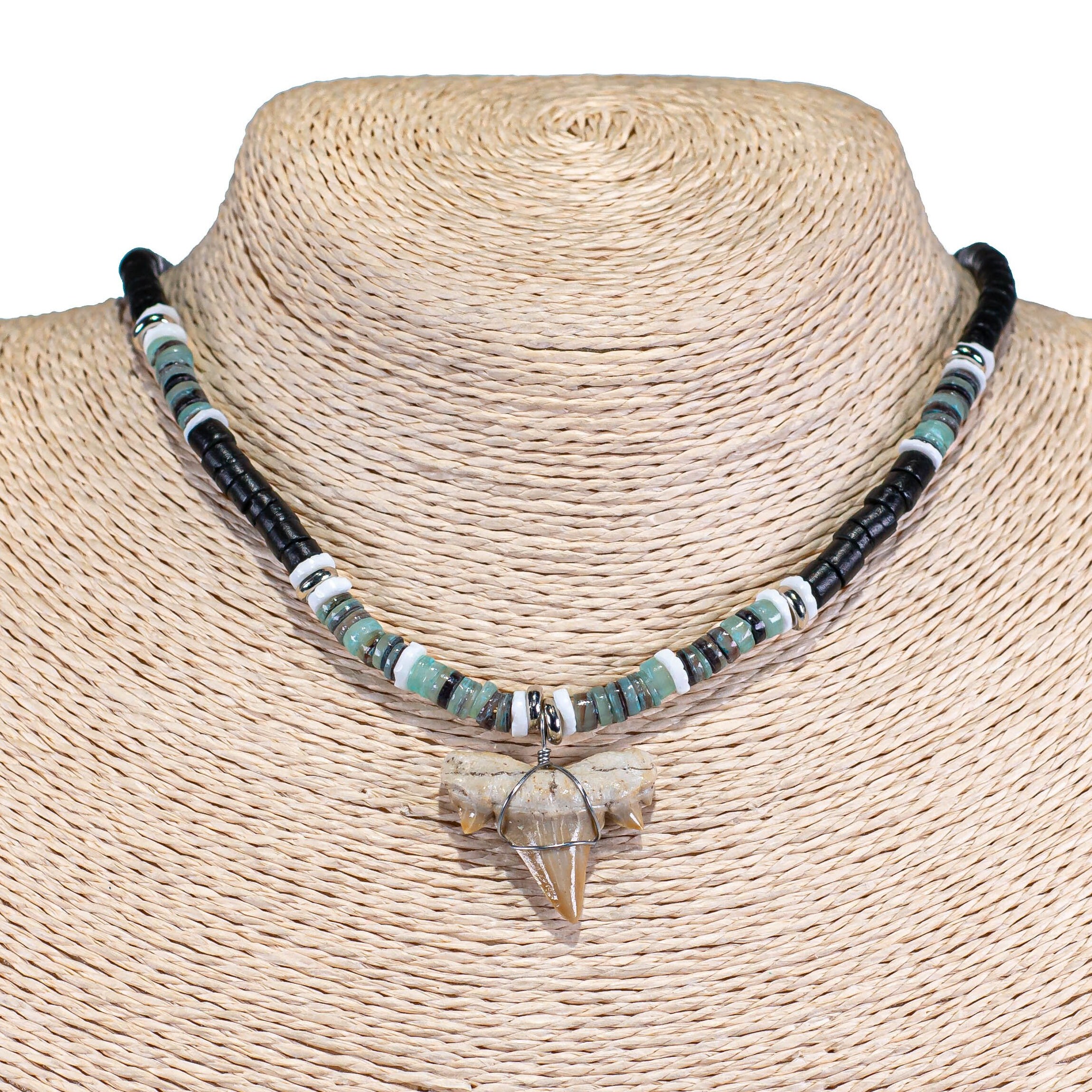 Bluerica Fossil Shark Tooth on Coconut & Green Shell Beads Necklace - Etsy
