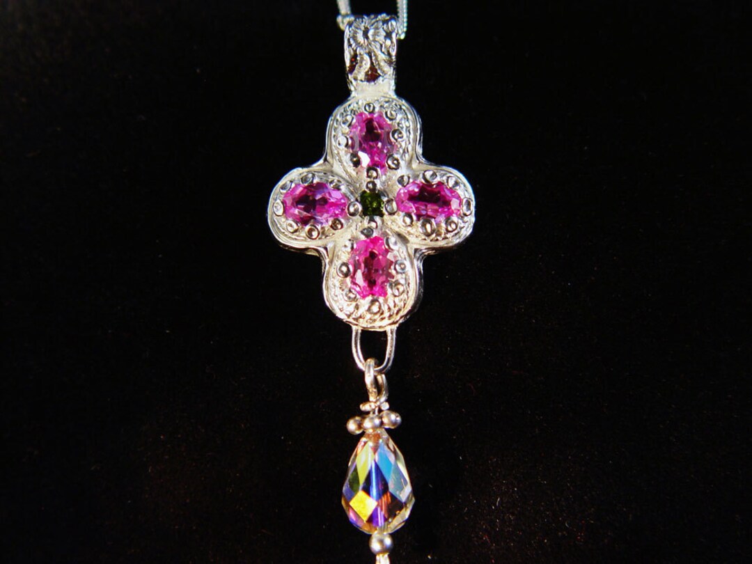 Fine Silver Cross Floral Pendant W/ Pink Cz's Peridot CZ - Etsy