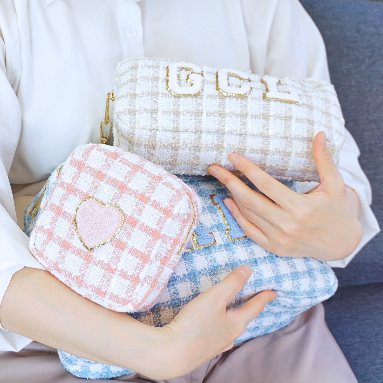 Customized Tweed Pouch, Chenille Patch Pouch, Vacation Makeup Bag ...