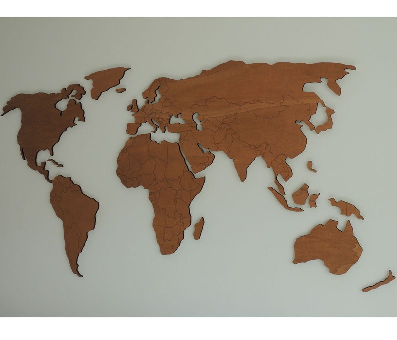 3D Wooden World Map XL With Engraved Country Borders, Floating on the ...