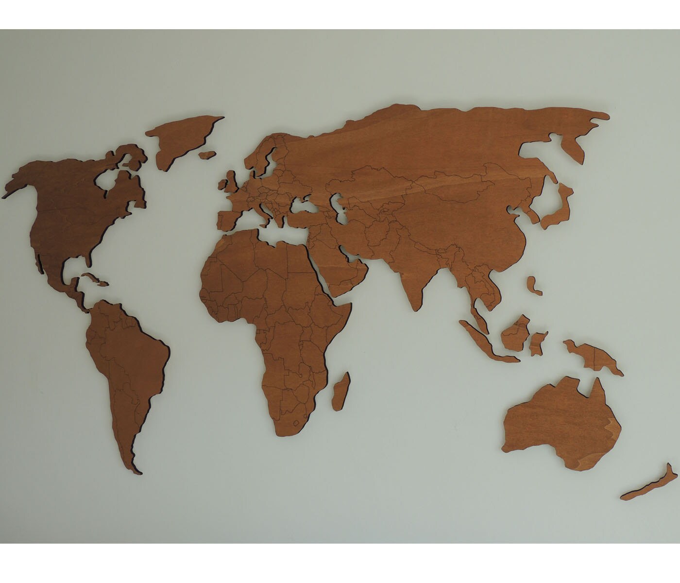 3D Wooden World Map XL With Engraved Country Borders, Floating on the ...