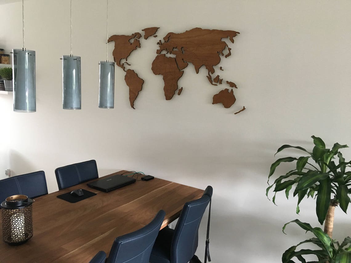 3D Wooden World Map XL With Engraved Land Borders Floating on - Etsy