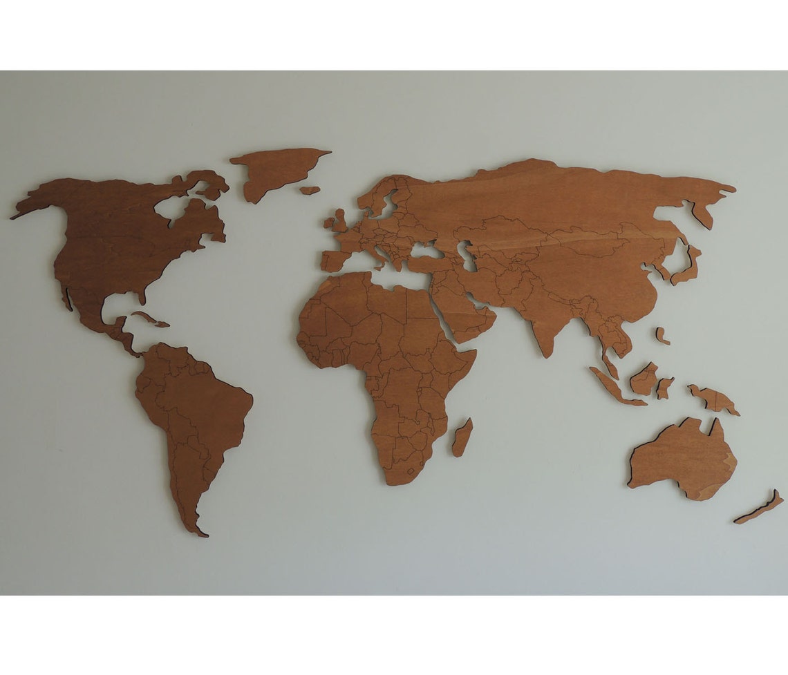 3D Wooden World Map XL With Engraved Land Borders Floating on - Etsy