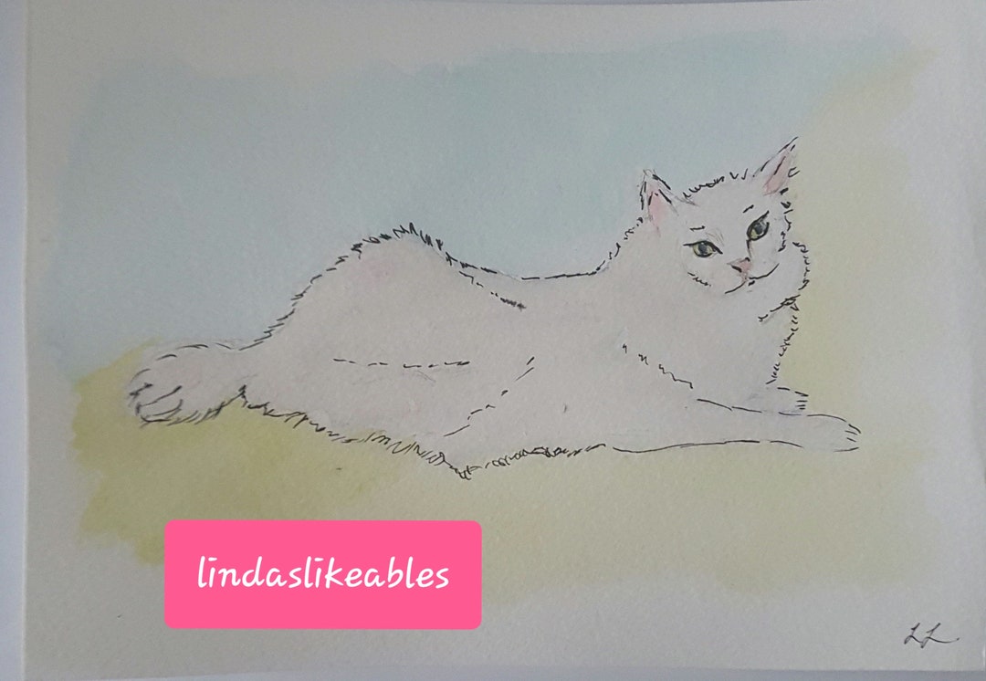 White Cat Lazing Painting Line and Wash Chilling Cat Artwork White Cat ...