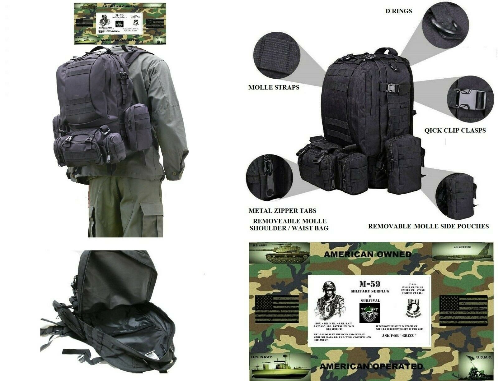 4 Piece Molle Back Pack Olive Drab or Black Your Choice new Free Cook ...