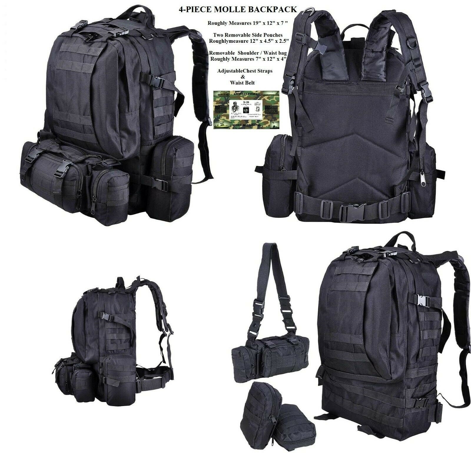 4 Piece Molle Back Pack Olive Drab or Black Your Choice new Free Cook ...