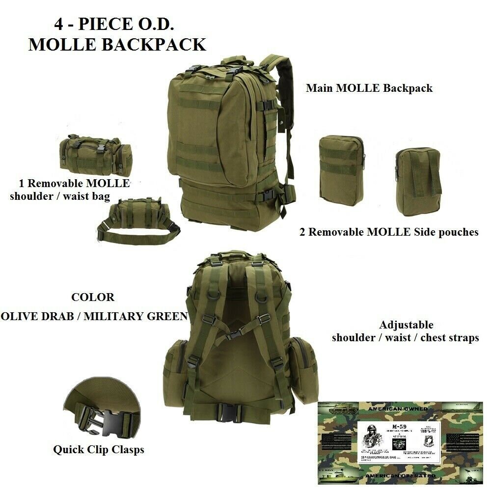 4 Piece Molle Back Pack Olive Drab or Black Your Choice new Free Cook ...