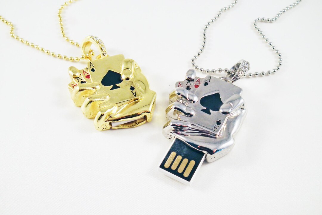 REF28 USB Key Pendant Skeleton Hand and Quad Aces Poker Spades Golden ...