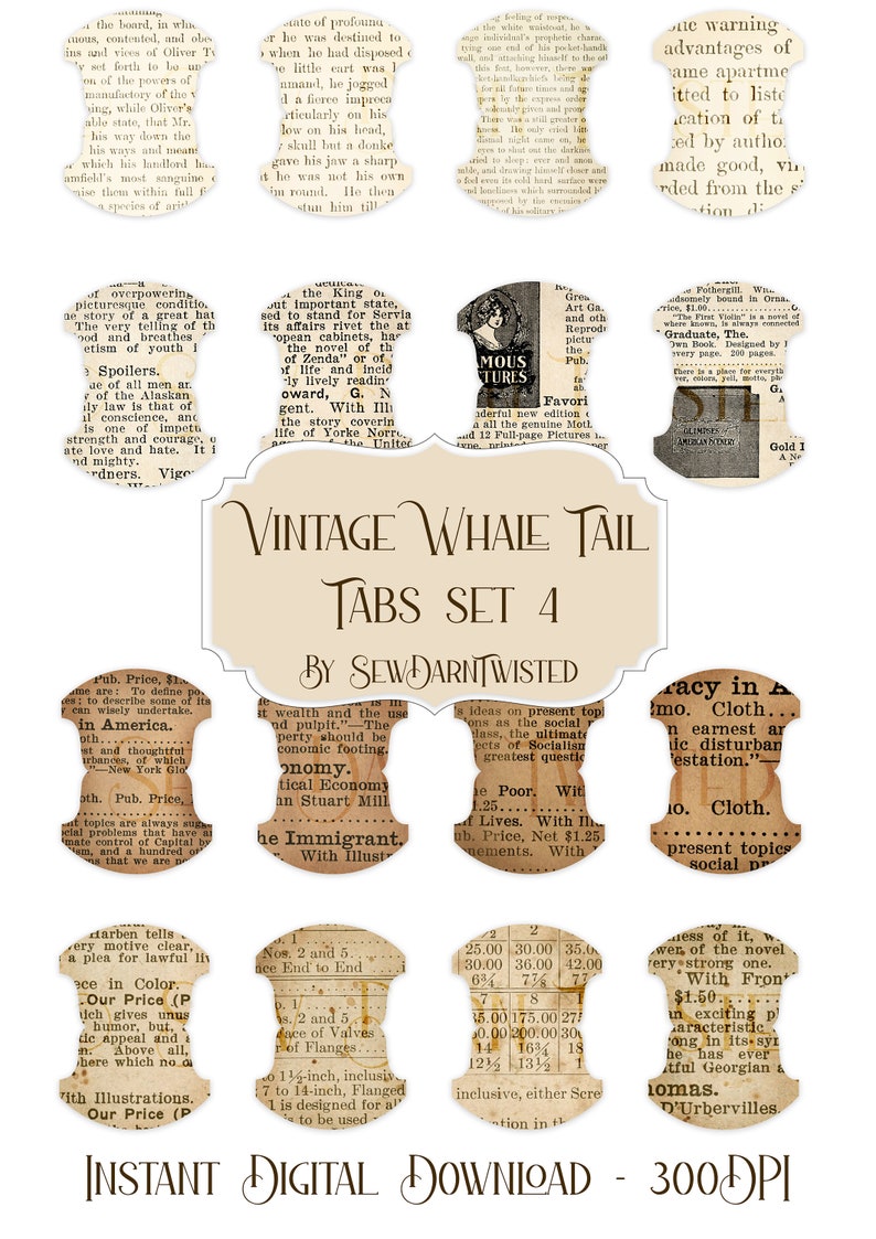 Vintage Book Whale Tail Tab Digital Set for Junk Journaling ...