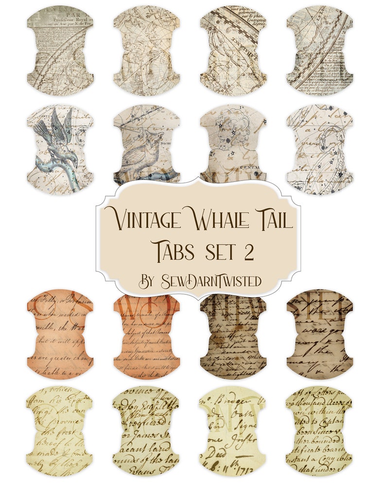 Vintage Whale Tail Tab Digital Set for Junk Journaling, Scrapbooking ...