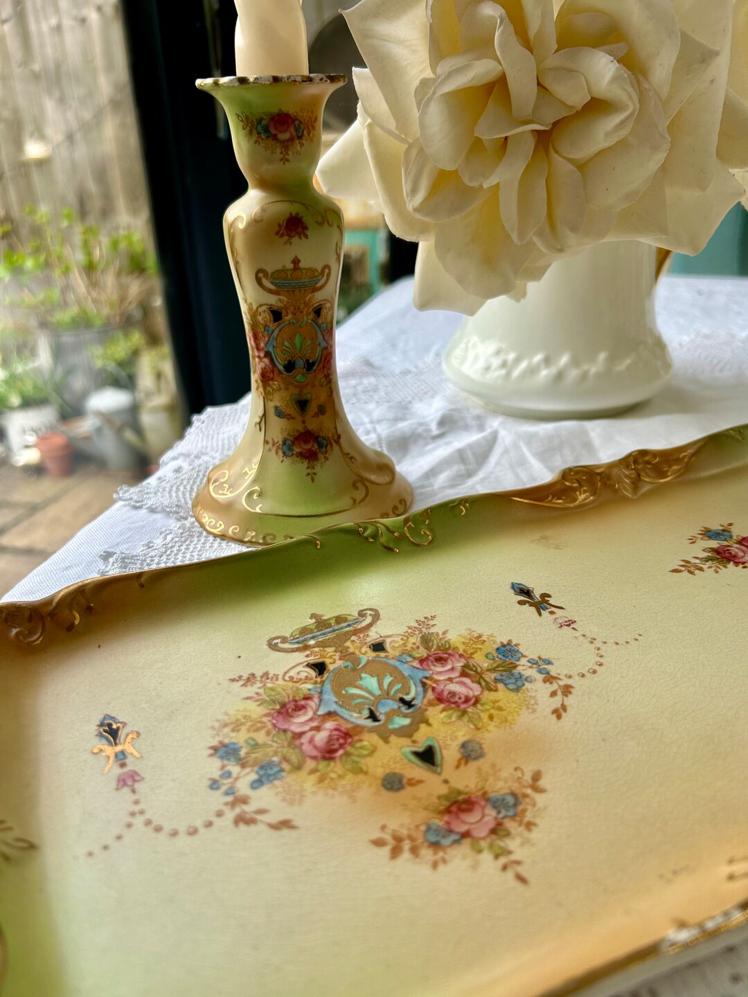 Stunning Crown Devon Blushware Antique Candlestick Holder and Dressing ...