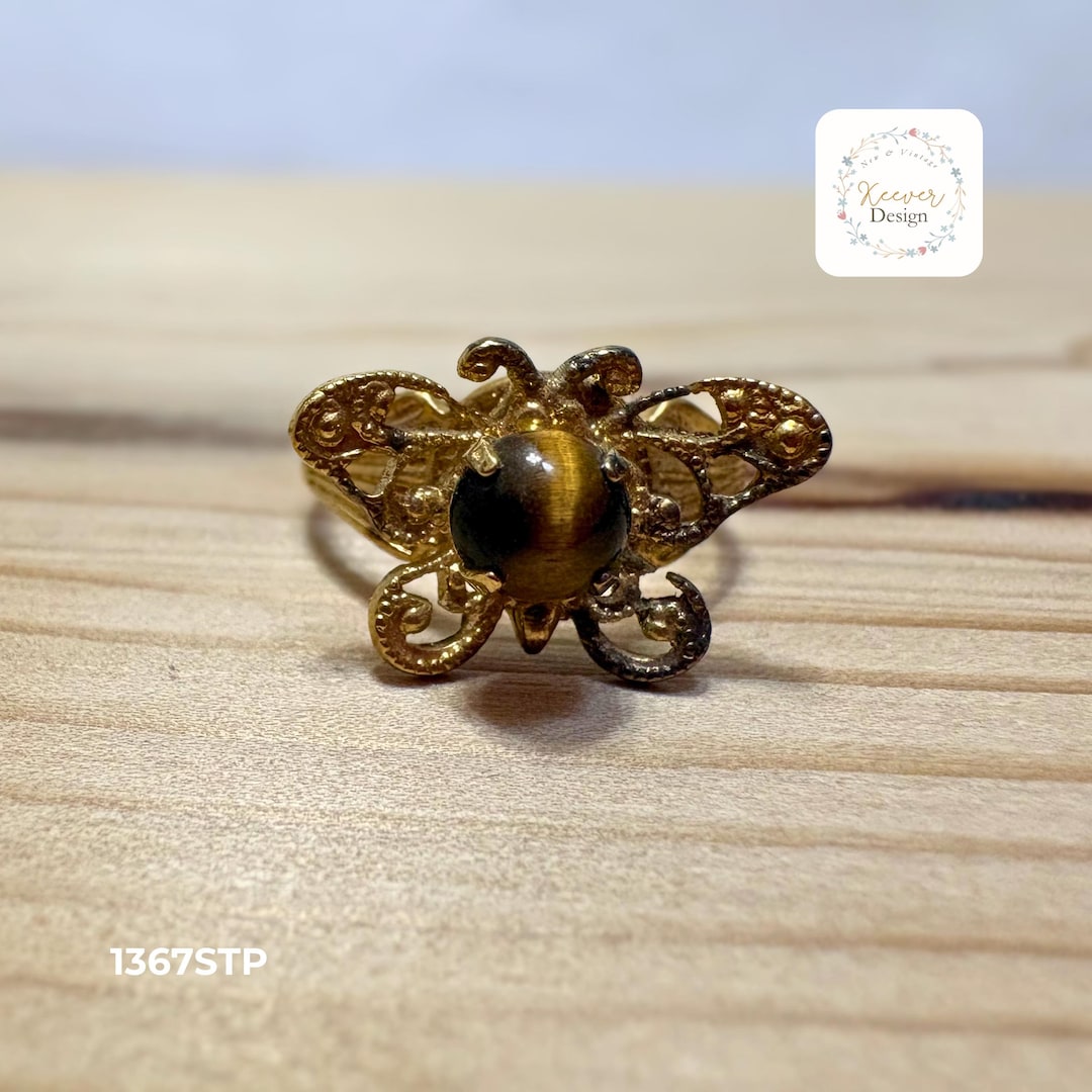 Gold Colored Butterfly Shaped Ring With Small Round Tiger Eye Stone ...