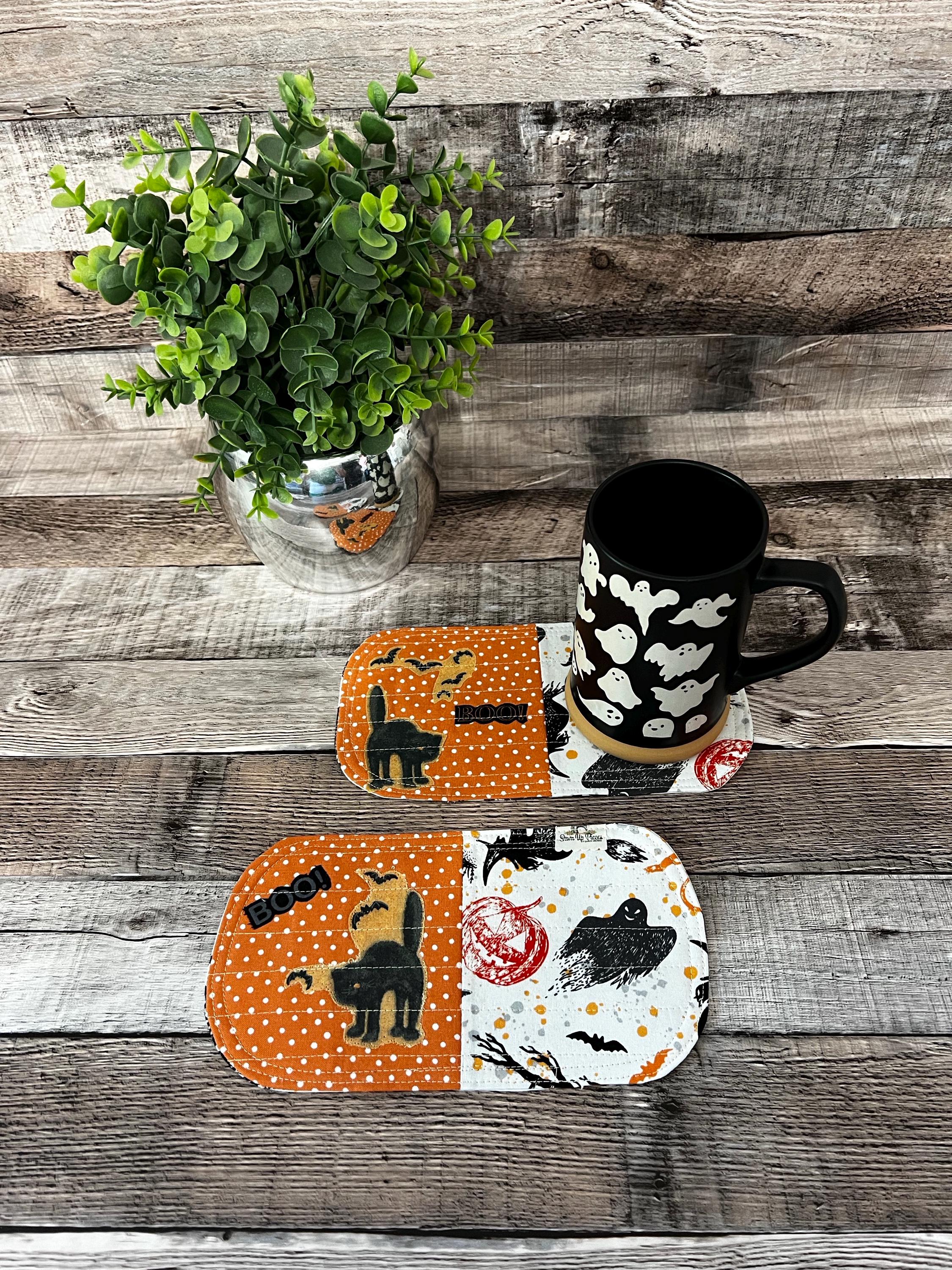 Mug Rug, Rectangular, Reversible Halloween Witches, Black Cats, Ghosts ...