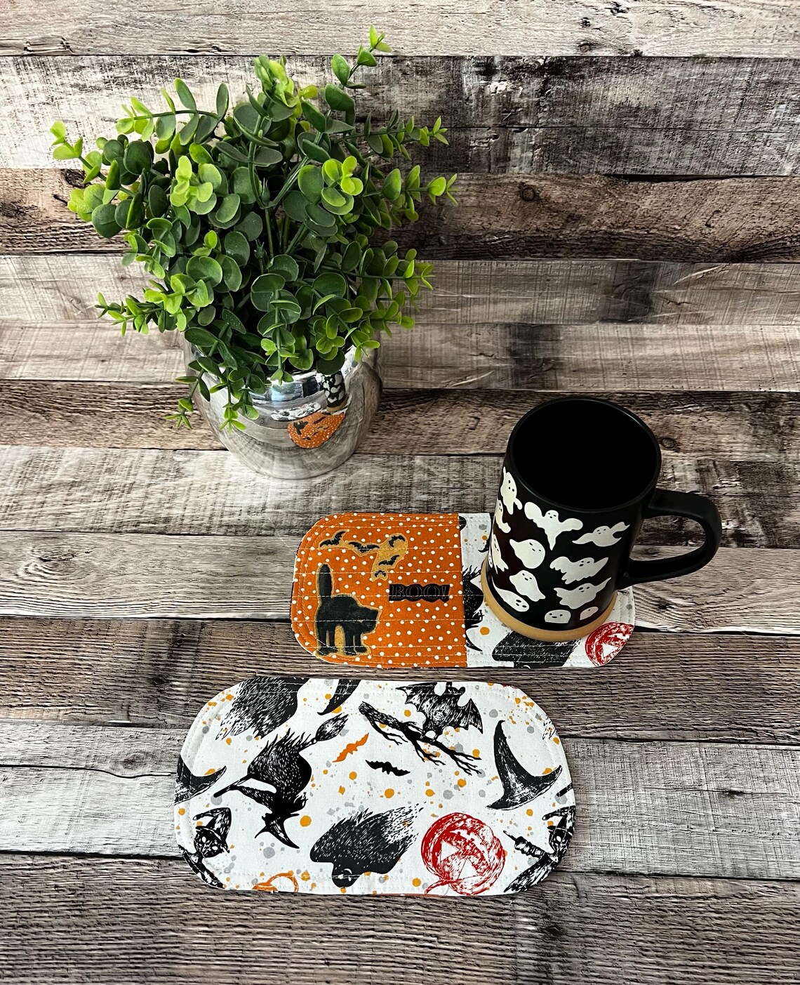 Mug Rug, Rectangular, Reversible Halloween Witches, Black Cats, Ghosts ...