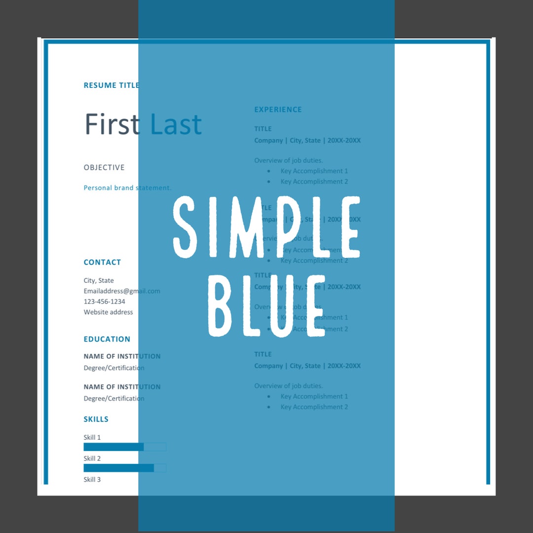Simple Blue Resume Template - Etsy