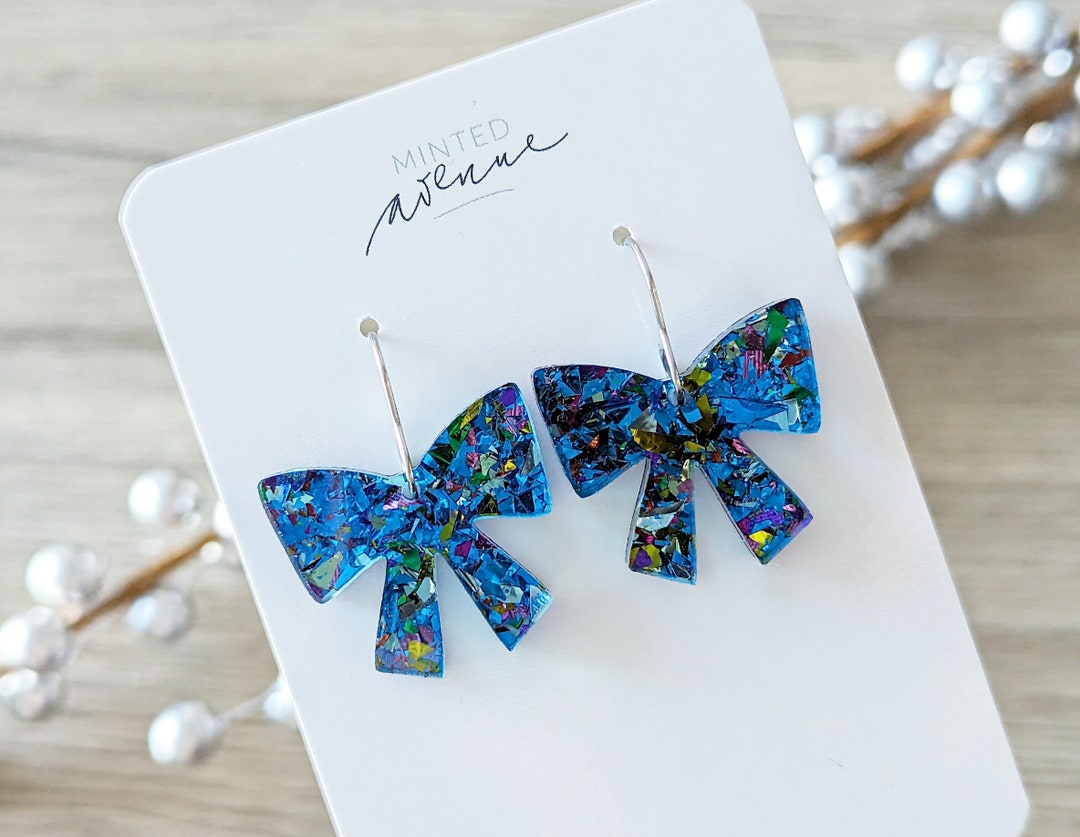 Party Bow Acrylic Earrings, Blue Confetti Bow Shaped Earrings, Chunky ...