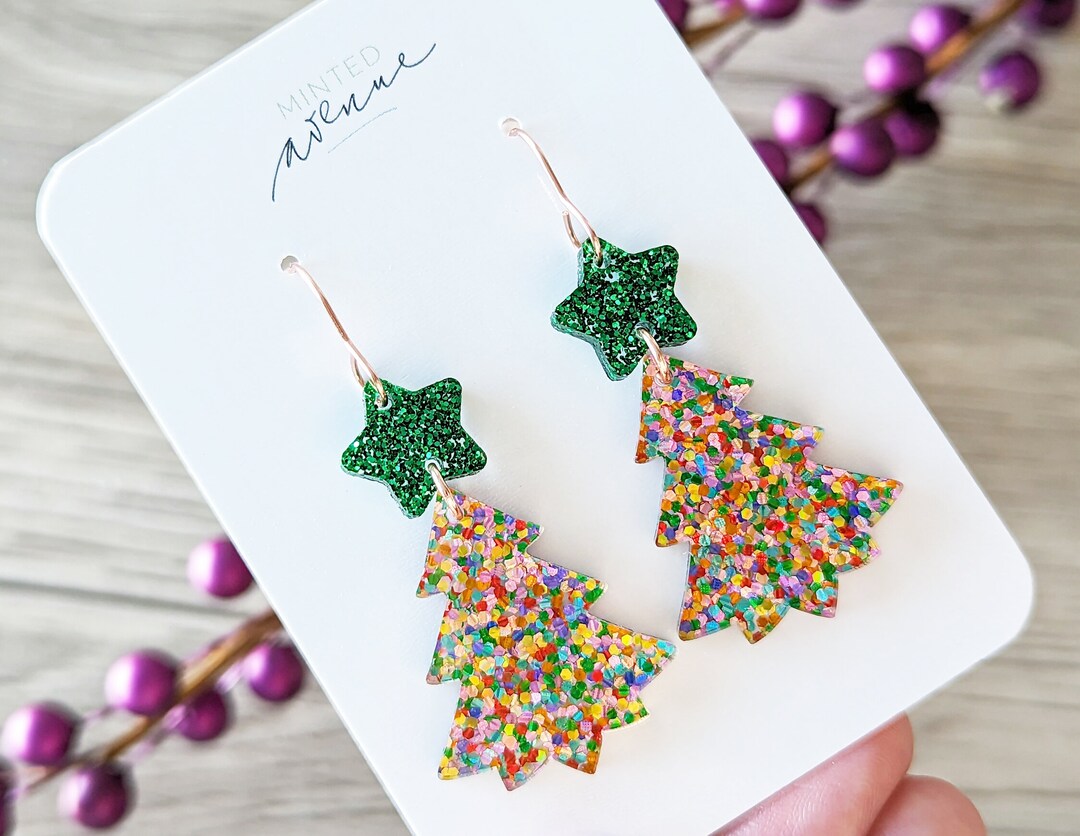 Colorful Confetti Christmas Tree Earrings, Polka Dot Tree Earring ...