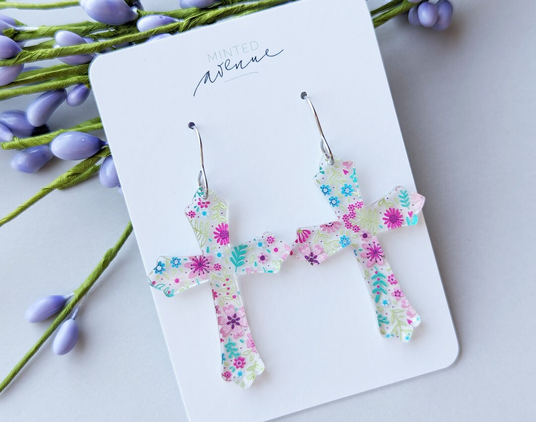 Floral Acrylic Cross Earrings: Spring Easter Jewelry - Etsy