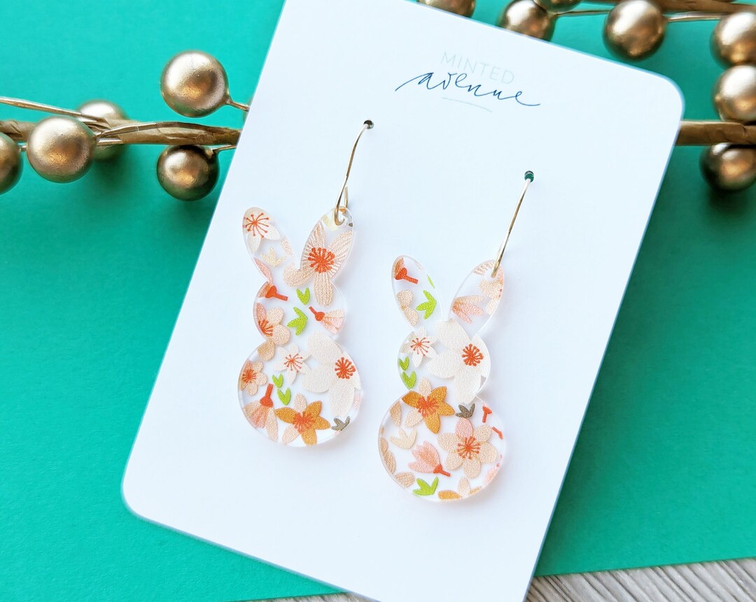 Floral Easter Bunny Earrings, Pastel Floral Bunny Easter Theme Earrings, Colorful Acrylic ...