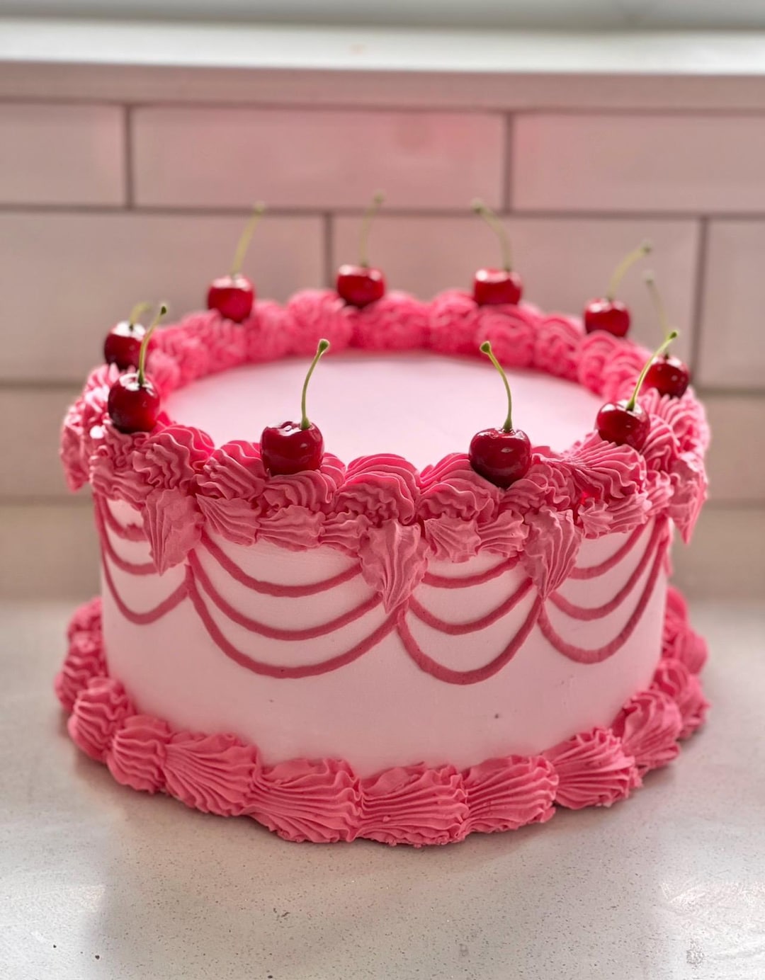 10 Inch Cake in Pink With Cherries - Etsy
