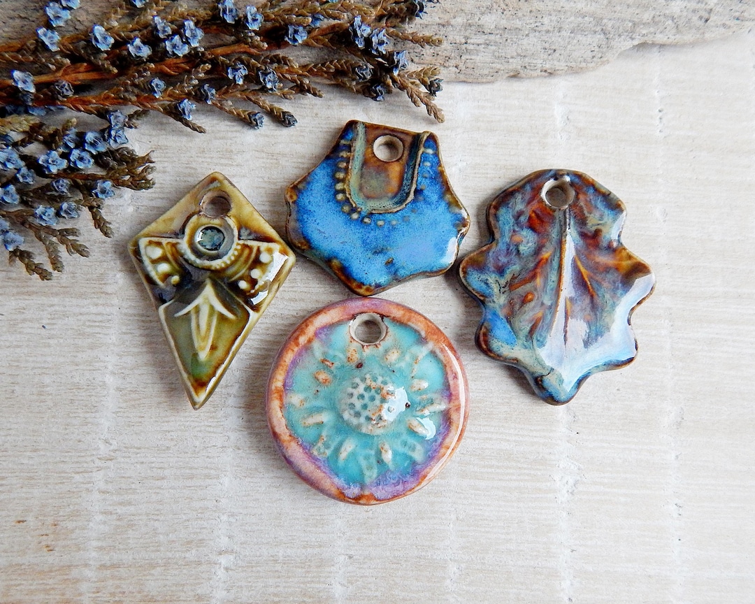Set of Ceramic Pendants, 4 Artisan Pendants of Porcelain, Boho Necklace ...