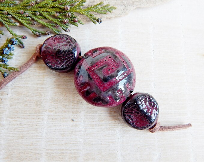 3 Pcs Handmade Big Beads of Black Ceramic, Unique Set Beads With ...