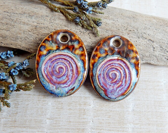 Spiral Oval Ceramic Charms, Artisan Rustic Pendants, Pair Handmade ...