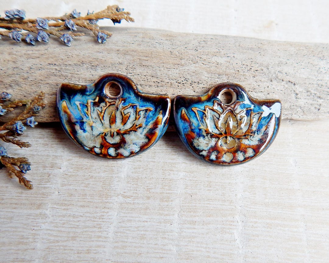 Lotus Dangle Ceramic Charms, Rustic Floral Artisan Charms, 2pcs Handcrafted Pendants, Porcelain ...