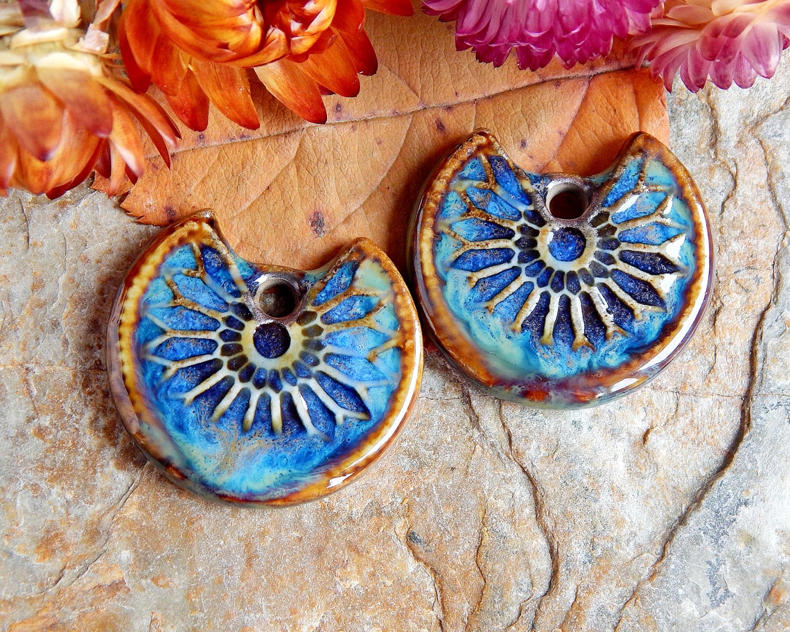 2 Pcs Blue Boho Charms for Jewelry Making Rustic Ceramic - Etsy